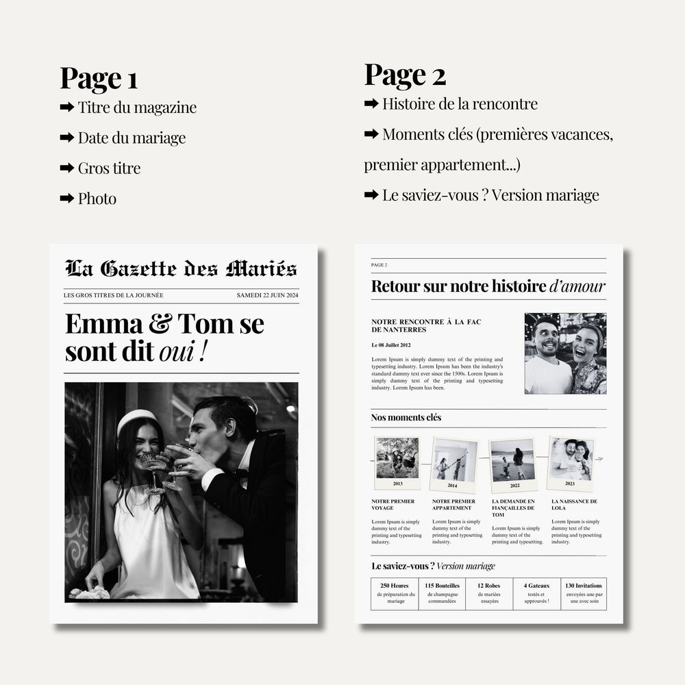 Gazette des mariés | 4 pages | Créez votre journal de mariage en ligne